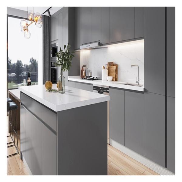 Quality CAD/3D Freely Light Grey Matte Lacquer Solid Wood Kitchen Cabinets with Centre for sale