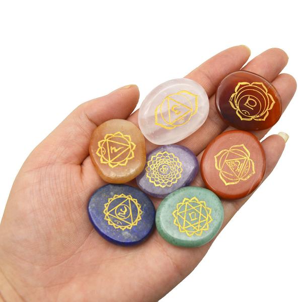 Quality Engraved Carving Polished Palm Pocket Stone Reiki Balancing Healing Crystal 7 Chakra Stones Sets for Love Theme for sale