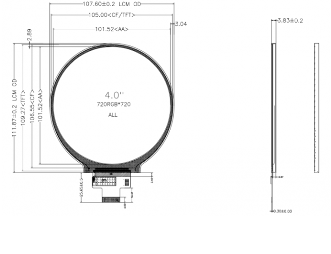 4-inch circular TFT LCD display outline drawing and dimensions