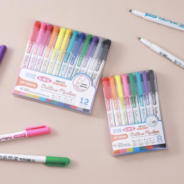 Quality Student Plastic Double Line Contour Pen Graffiti Handbooks Multi Color Highlighter Pen for sale