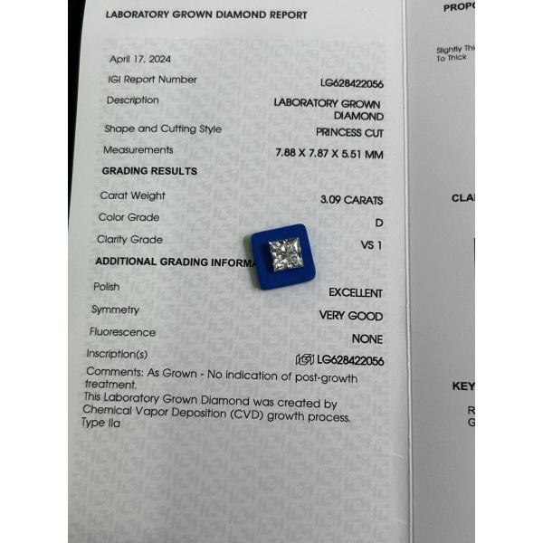 Quality 3.09CT D Color VS1 Clarity EX VG CVD Princess Lab Grown Diamonds for sale