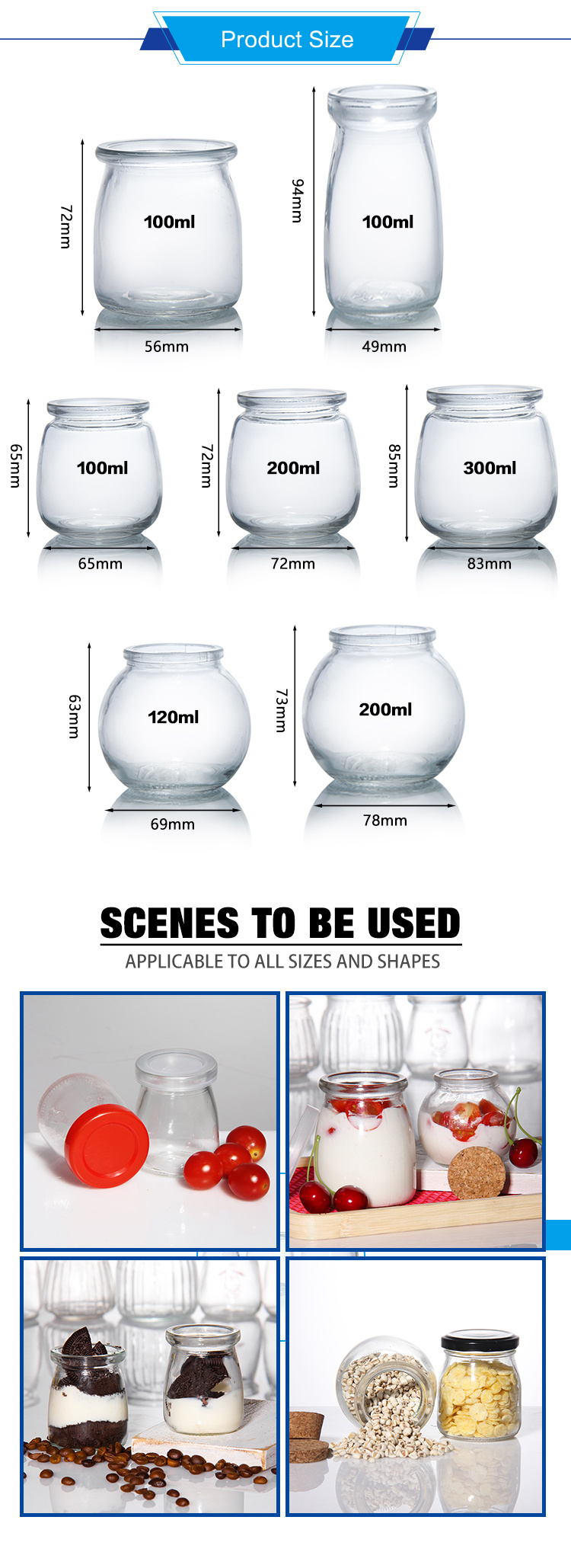 High Quality 7oz 200ml Clear Glass Pudding Cheese Jar with Cork Lid