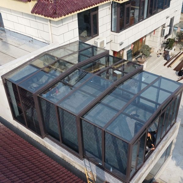 Quality Contemporary Design Movable Glass House Super Wide Sliding Retractable Aluminum Sunroom Sensor Garden Enclosure for Courtyard for sale