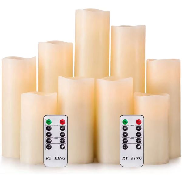 Quality LED Candle Set Of 9 Remote Control With Battery Operated Real Wax Pillar Flameless Candle for sale