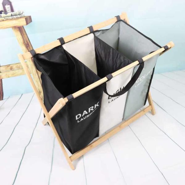 Quality Breathable Moistureproof 3 Bin Laundry Hamper Bamboo Frame Washable Lightweight for sale