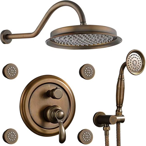 Quality 9 inch Rain Shower Head Antique Brass 3 Way Shower System Set for Exposed B S Faucet for sale