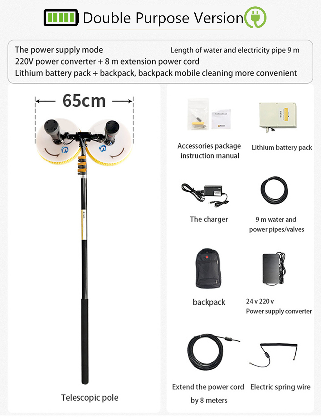 Portable and Economical Double-Head Rotating Brush for Solar Panel Cleaning with 7.5 M Telescopic Handle
