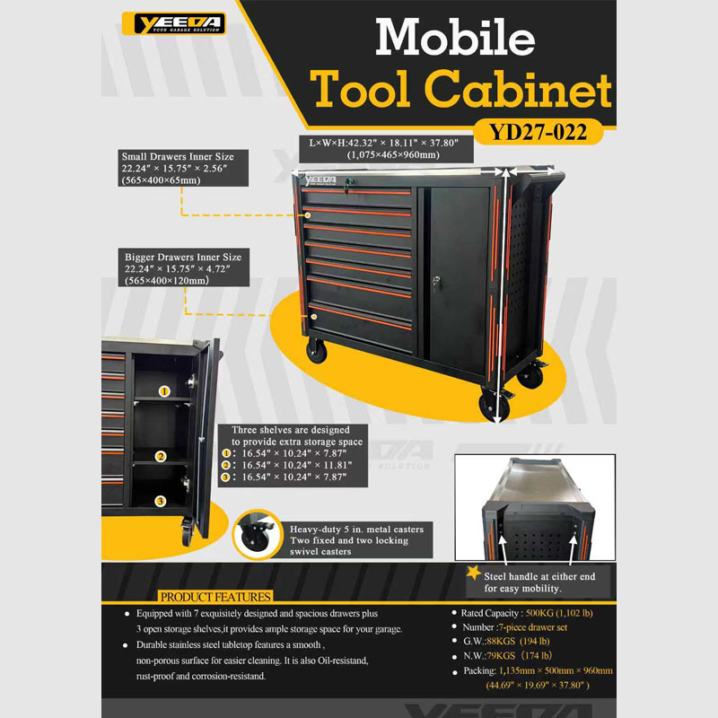 YEEVA Mobile Tool Cabinet with 7 drawers and 3 open shelves, showing stainless steel top and heavy-duty casters