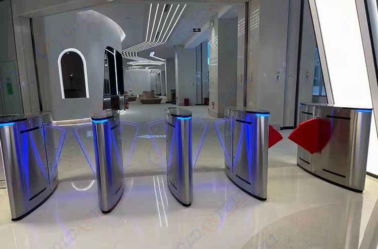 Security turnstile gate installation example showing multiple lane configuration