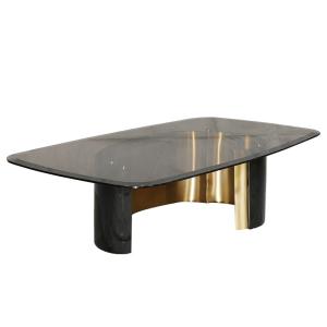 Quality Satin Finish Tempered Glass Coffee Table Brushed Gold Rectangle Coffee Table for sale