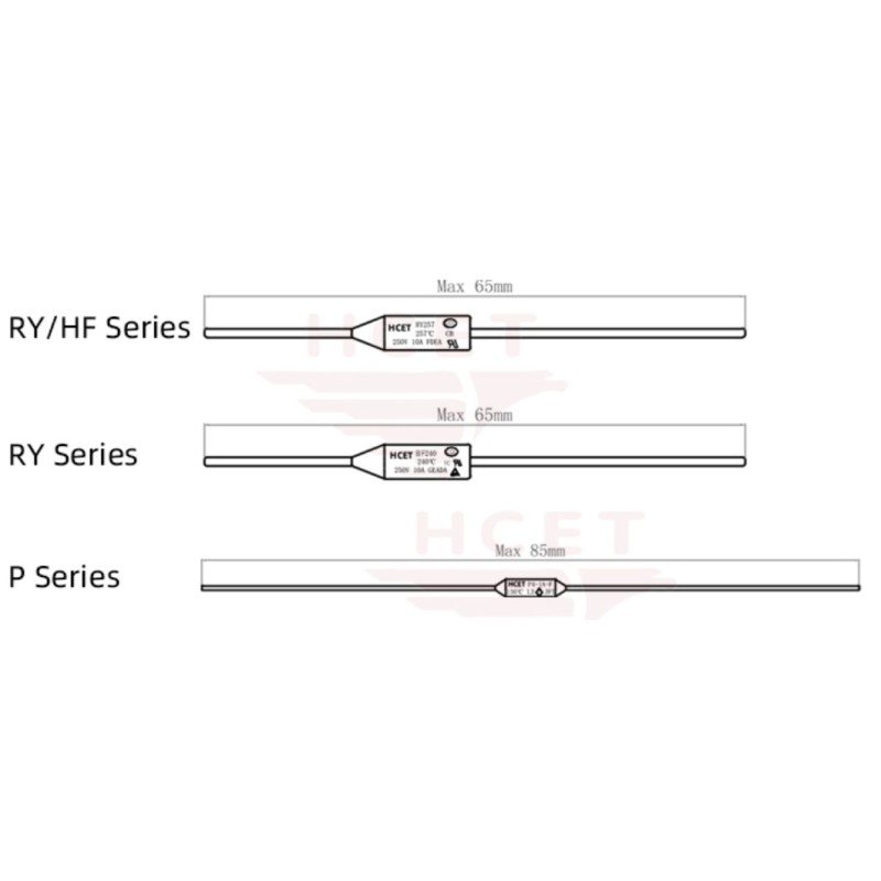 Dimension diagram of HCET RY Series thermal fuse showing precise measurements and specifications