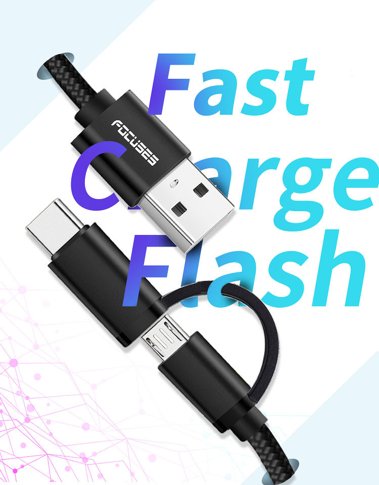 Quality Nylon Braided 2 In 1 Charging Cable 3m OEM Type C USB 2.0 Cable for sale
