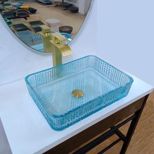 Quality 460mm Length Rectangular Vessel Sinks Glass Bathroom 330mm Width Water Blue for sale