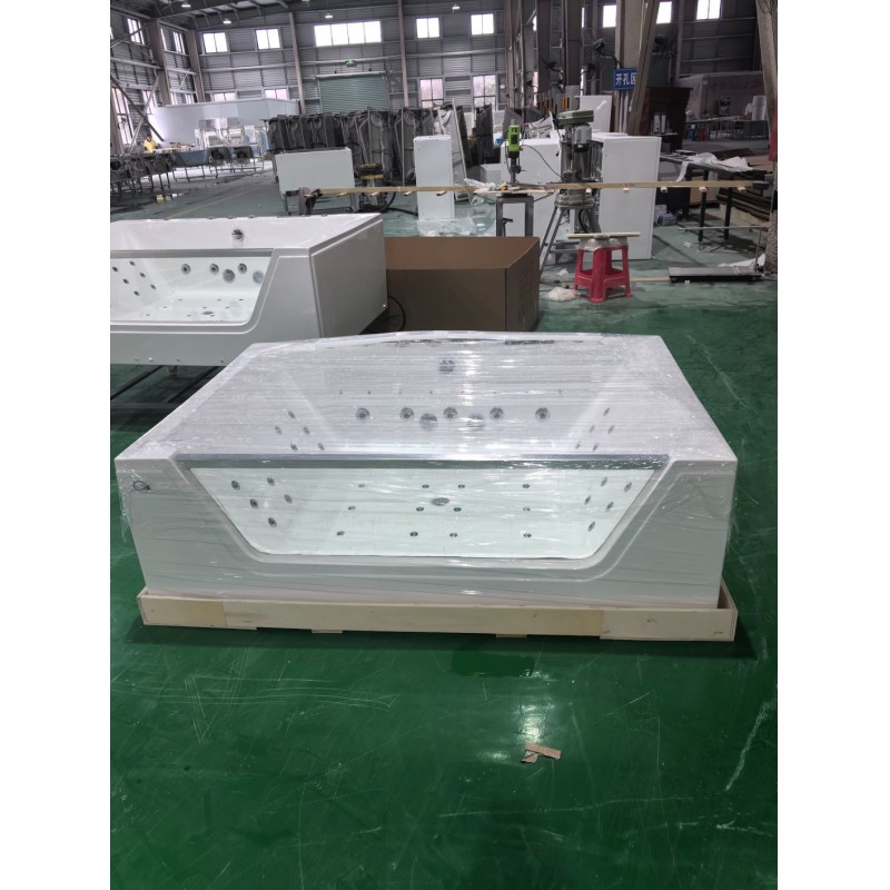 2 Person Rectangular Whirlpool Massage Bathtub with Front Blue Glass