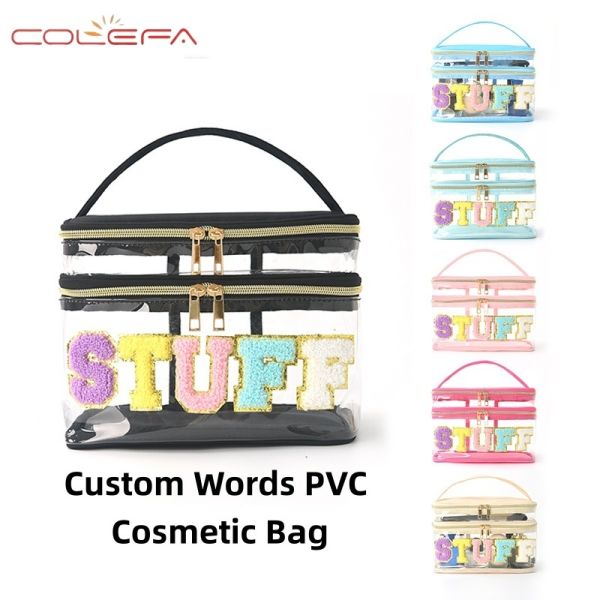 Quality Embroidered Alphabet Storage Pouch PVC Transparent Double-Layer Makeup Bag Travel Toiletry Large Capacity Cosmetic Case for sale