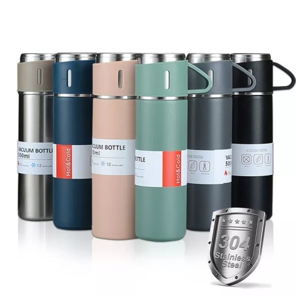 Quality 500ml Double Wall Stainless Steel Portable Luxury Gift Bottle Set With Two Coffee Cup Grey for sale