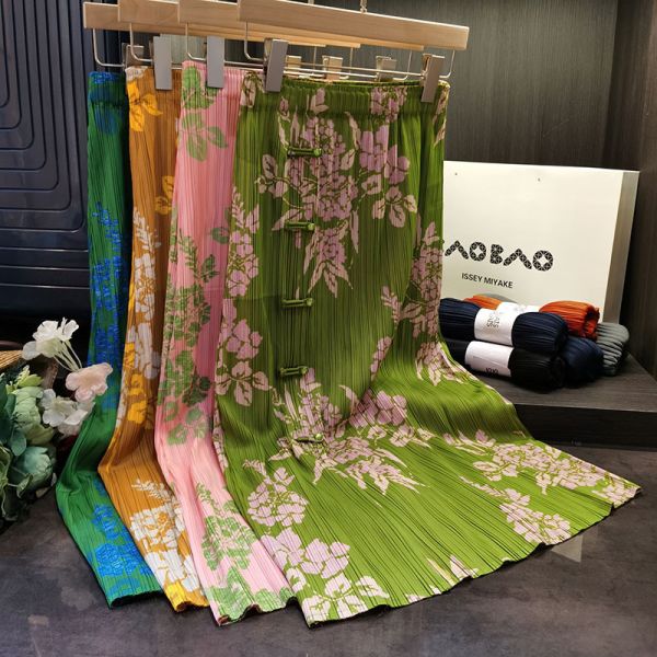 Quality Original Design Pleated Chinese Style Disc Half Skirt 2024 Printed Pleated Skirt Wrap Slit Summer Skirt for sale