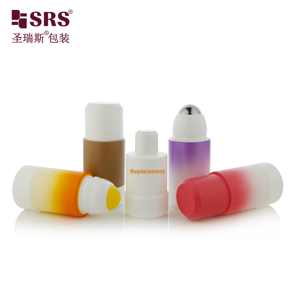 RPPE(S)-50ml 75ml Gradient coating spraying peach pink white refillable deodorant gel roller bottle with big steel metal massage ball packaging