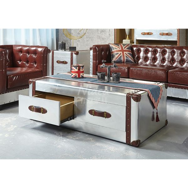 Quality Nidea #8515 Industrial-Style Aluminum Panel Riveted Metal Retro Handmade Durable Side Corner Table 2-Drawer Living Room Coffee for sale
