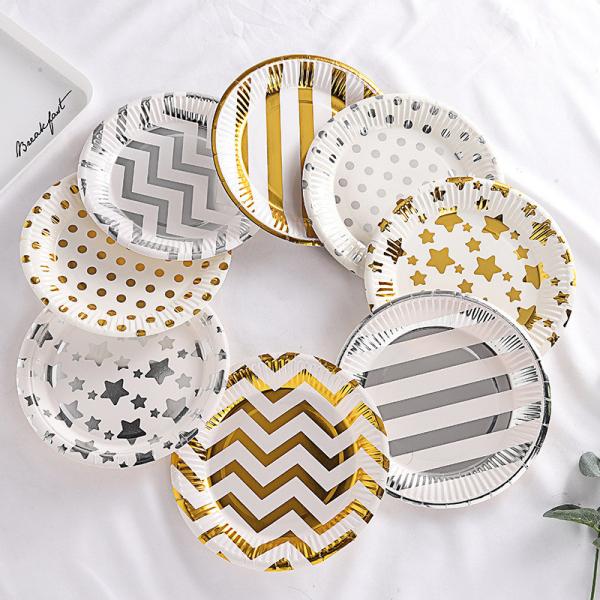 Quality 2023 Gold Polka Dots on Pink Background Disposable Paper Dinnerware Sets for for sale