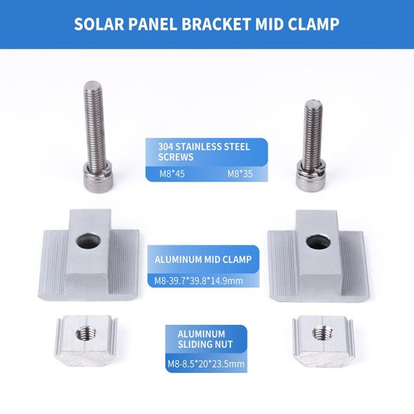 Quality PV Solar Panel Mid Clamp 3.0mm To 4.5mm Silver Solar Panel Fasteners for sale