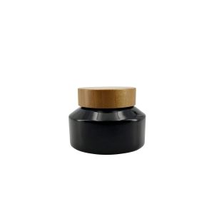 Quality Black Glass Cosmetic Cream Jar 30ml 50ml Facial Cream Containers With Bamboo Lid for sale