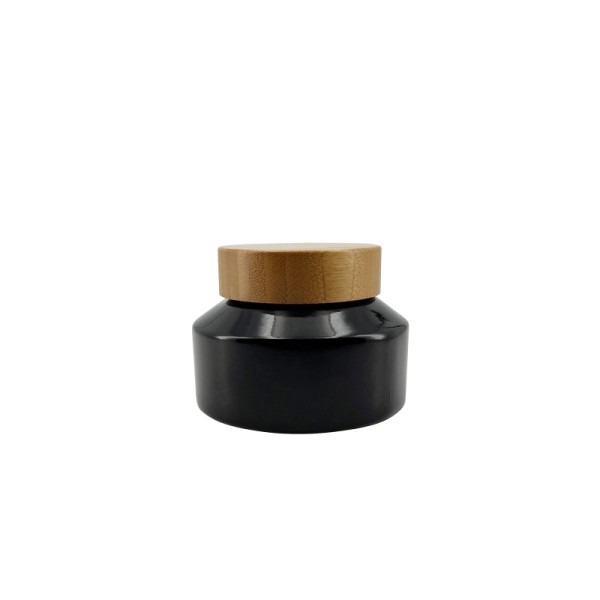 Quality Black Glass Cosmetic Cream Jar 30ml 50ml Facial Cream Containers With Bamboo Lid for sale