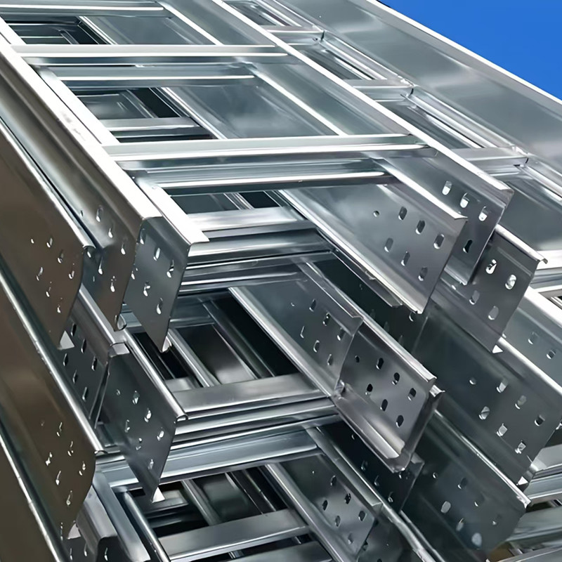 Close-up view of steel cable tray construction