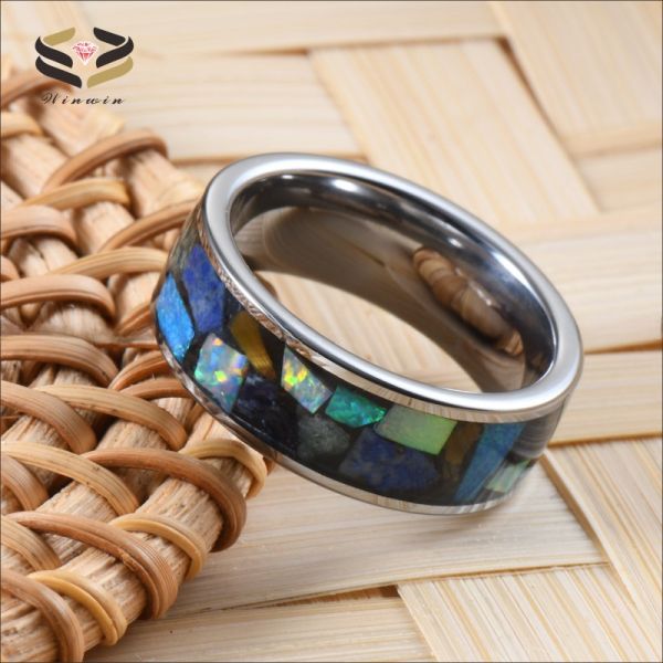 Quality Jewelry Main Material Tungsten 8mm Mens Wedding Band with Gemstone Inlays Opal Lapis Lazuli Tiger's Eye Amethyst and More for sale