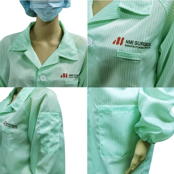 Quality 2 Side Pockets Lapel Collar Button 5mm Carbon Stripe ESD Cleanroom Gown Washable for sale