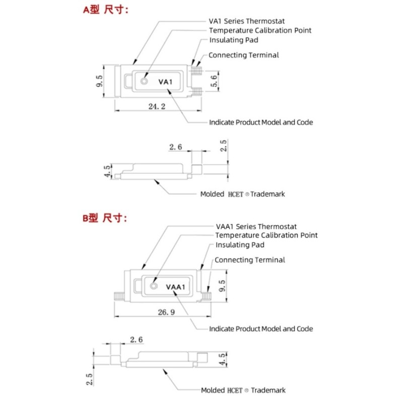 Detailed dimension diagram of VA1 creep action thermostat showing precise measurements and mounting specifications
