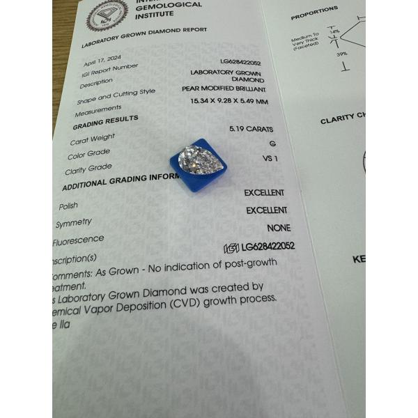 Quality 5.19 Carat G VS1 2EX CVD Lab Grown Pear Shaped Diamond IGI Certificated for sale
