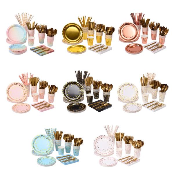 Quality 2023 Gold Polka Dots on Pink Background Disposable Paper Dinnerware Sets for for sale