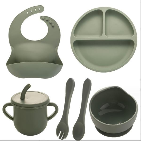 Quality None Design Style Silicone Feeding Set Full Dinner Plate Bowl Cup Spoon Fork Spork for Infants for sale