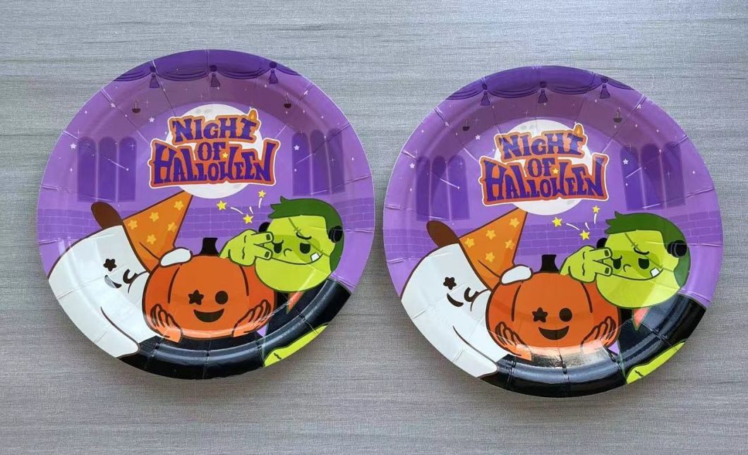 Disposable Plate Eco-Friendly Party Decoration 7inch Customizable Round Colourful Halloween Decorated Party Paper Plate
