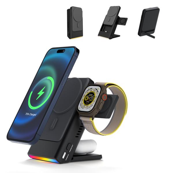 Quality Desktop 3in1 Magsafe Wireless Charger With Power Bank And Hidden Watch Design for sale