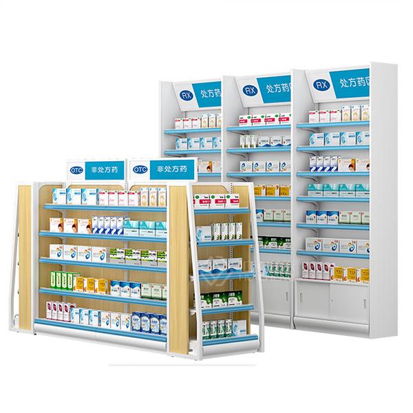 Quality Drugstore L2000mm H1200mm Metal And Wood Shelf Unit Double Sided for sale
