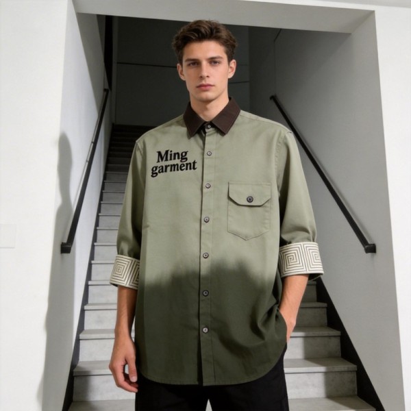 Quality Custom Men Oversized Tie-dye Button Down Shirt 3/4 Sleeve Casual Streetwear Embroidery Collar Geometric Cuff Polo Shirt for Men for sale