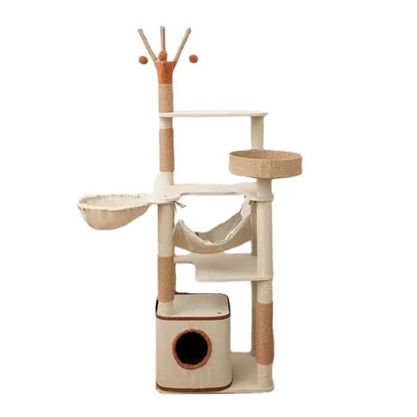 Quality Fully Wrapped Wooden Cat Tower with Replaceable Dangling Balls and Scratching for sale
