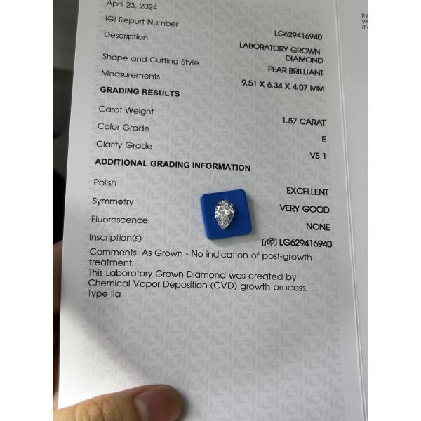 Quality 1.57CT E VS1 2EX CVD Laboratory Diamonds Pear Cut IGI Certificated for sale
