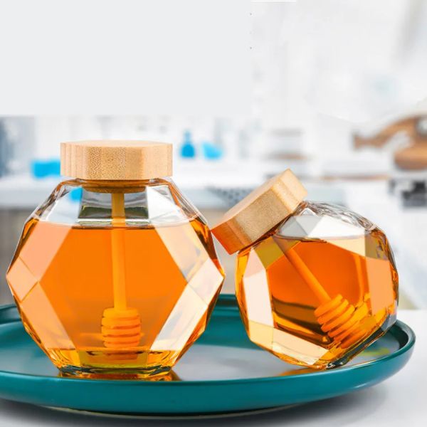 Quality 300ml Customized Hexagon Glass Honey Jars with Cork Sealing Type and Wooden Dipper for sale