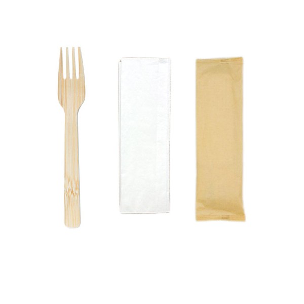 Quality 17CM Biodegradable Disposable Bamboo Fork Cutlery Take Out Napkin Kit for sale