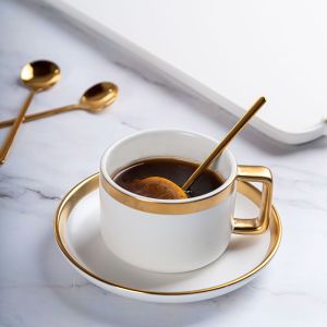 Quality Matte White Ceramic Porcelain Coffee Tea Cups Saucers Sets With Gold Handle for sale