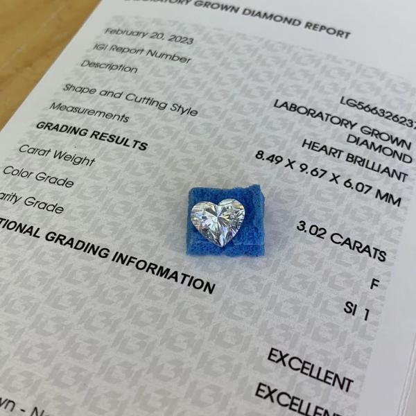 Quality 3.02ct Lab Grown Heart Shaped Diamond CVD F SI1 2EX N IGI LG566326237 for sale