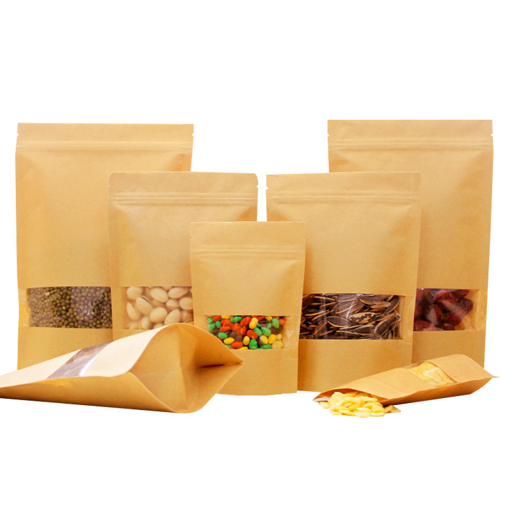Quality In Stock Kraft Stand Up Pouches With Reclosable Zipper For Rice Spices Beans for sale