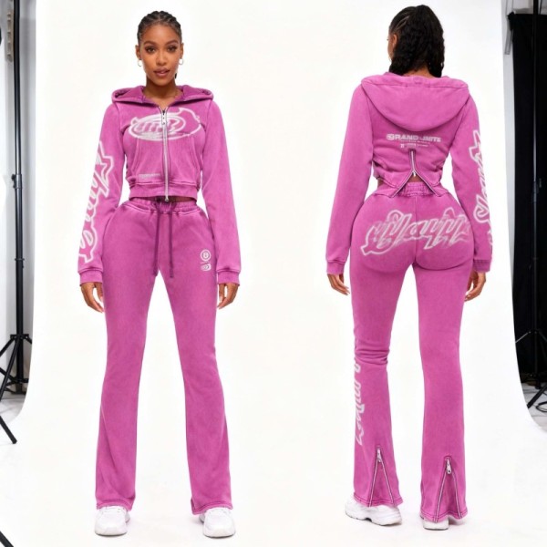 Quality Oem/odm New Trending Vintage Acid Wash Sweatsuit Custom Print Streetwear Zip up Jacket Tracskuit Crop pink Hoodie Set for Women for sale