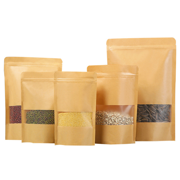 Quality In Stock Kraft Stand Up Pouches With Reclosable Zipper For Rice Spices Beans for sale