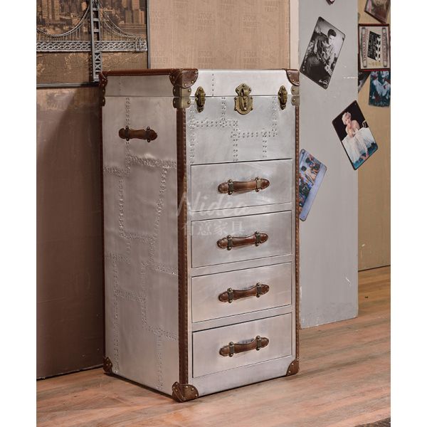 Quality Nidea #8609 Industrial Aluminum Fabric Storage Trunk Suitcase with 4 Drawers Antique Design for Living Room Side Table for sale