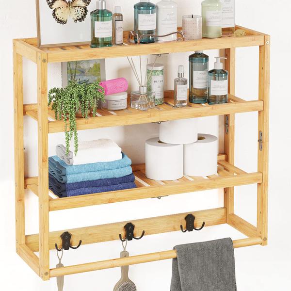 Quality OEM Bamboo Bathroom Wall Shelf Over Toilet Storage With Hooks for sale