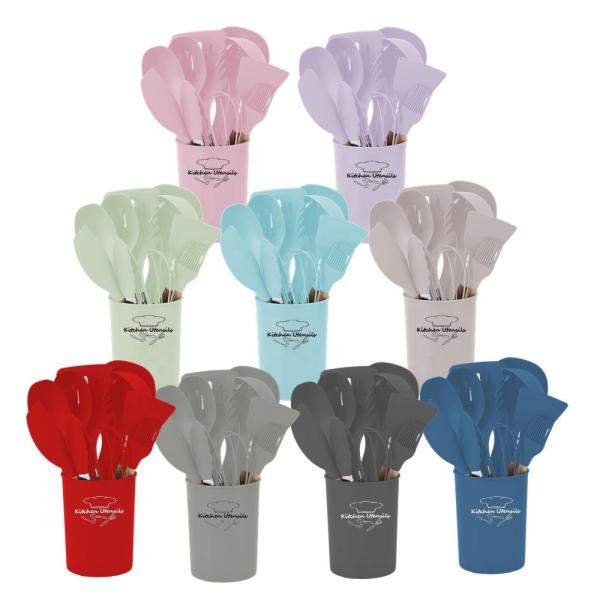 Quality Silk Printing or Debossed Logo 12PCS Silicone Kitchen Utensils Set with Plastic for sale